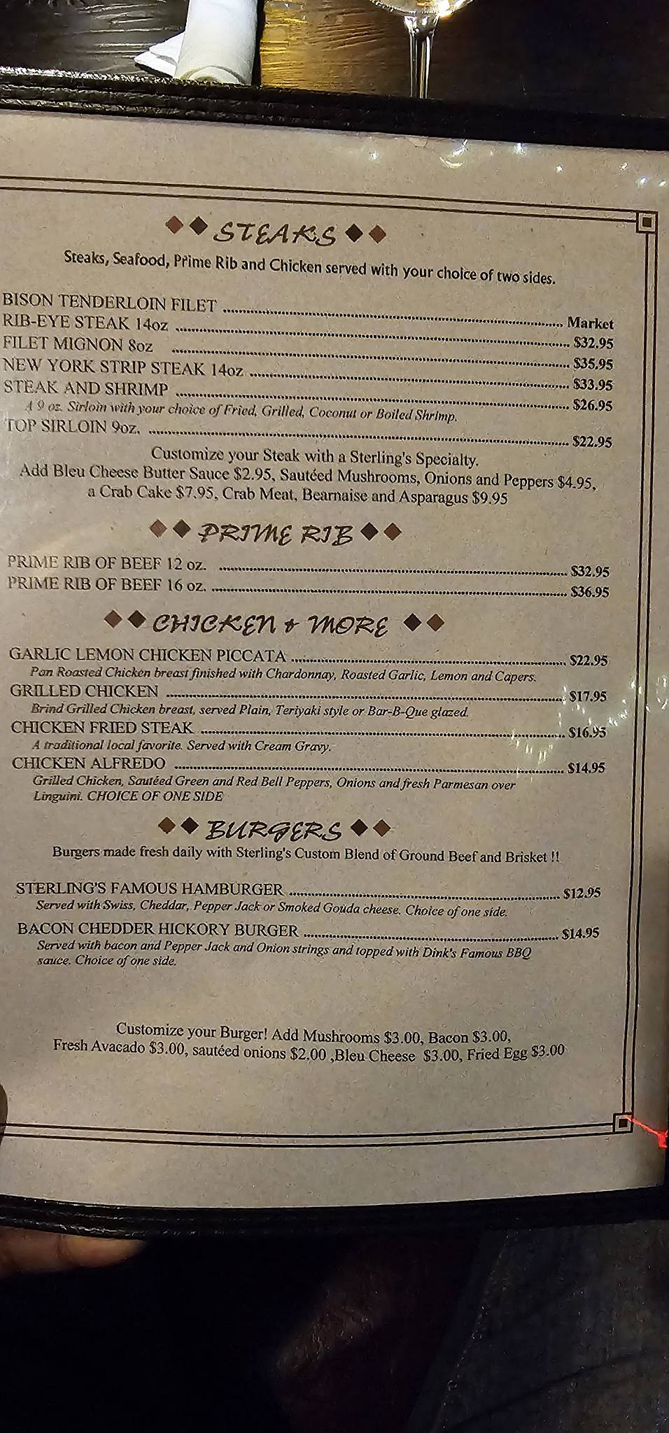 Menu at Sterlings Grille steakhouse, Bartlesville