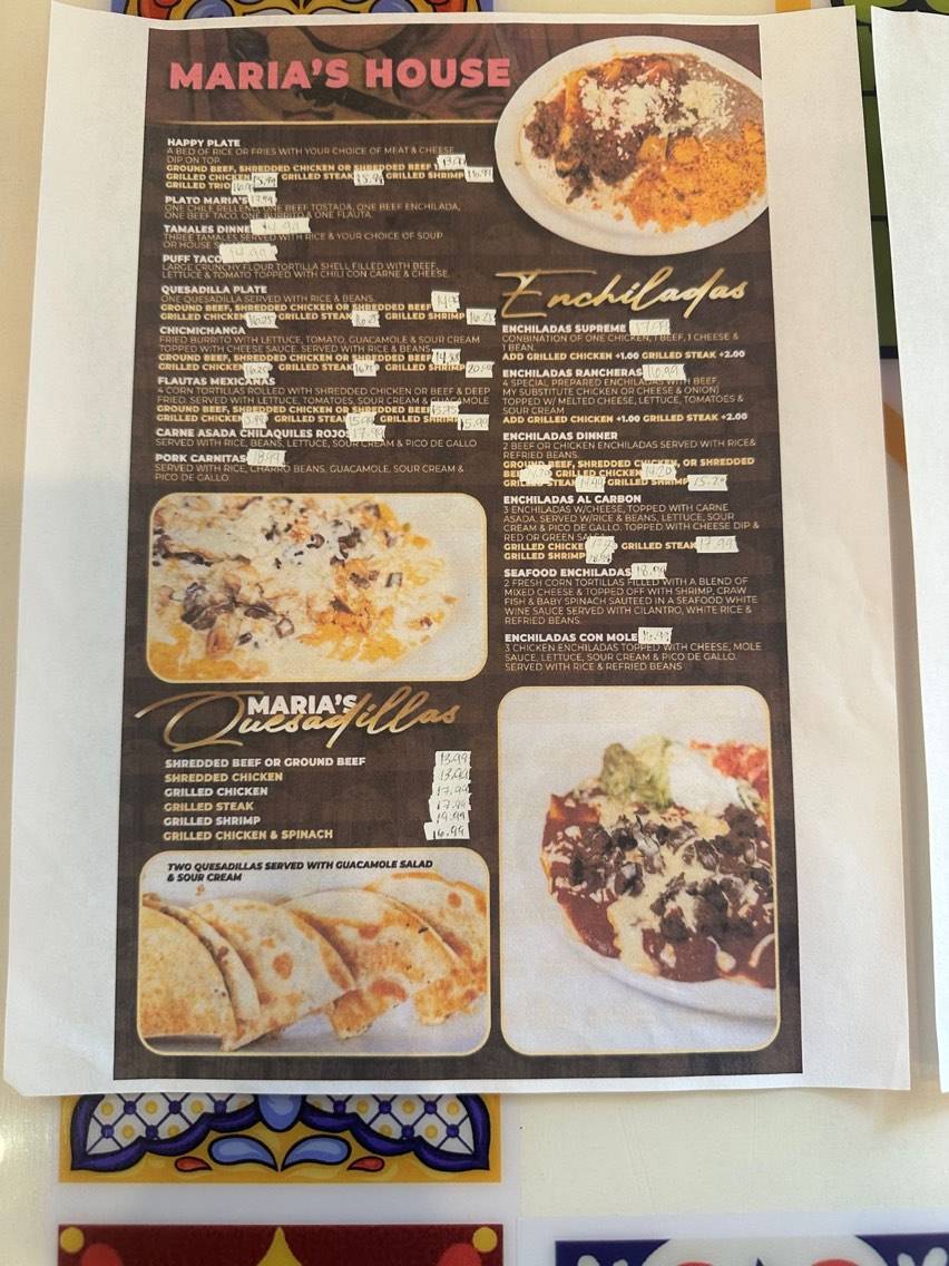 Menu at Maria's Cocina Mexicana restaurant, Sulphur