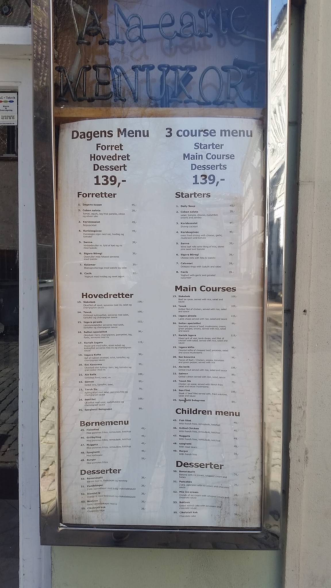 Menu at Sultan Palace restaurant, Copenhagen