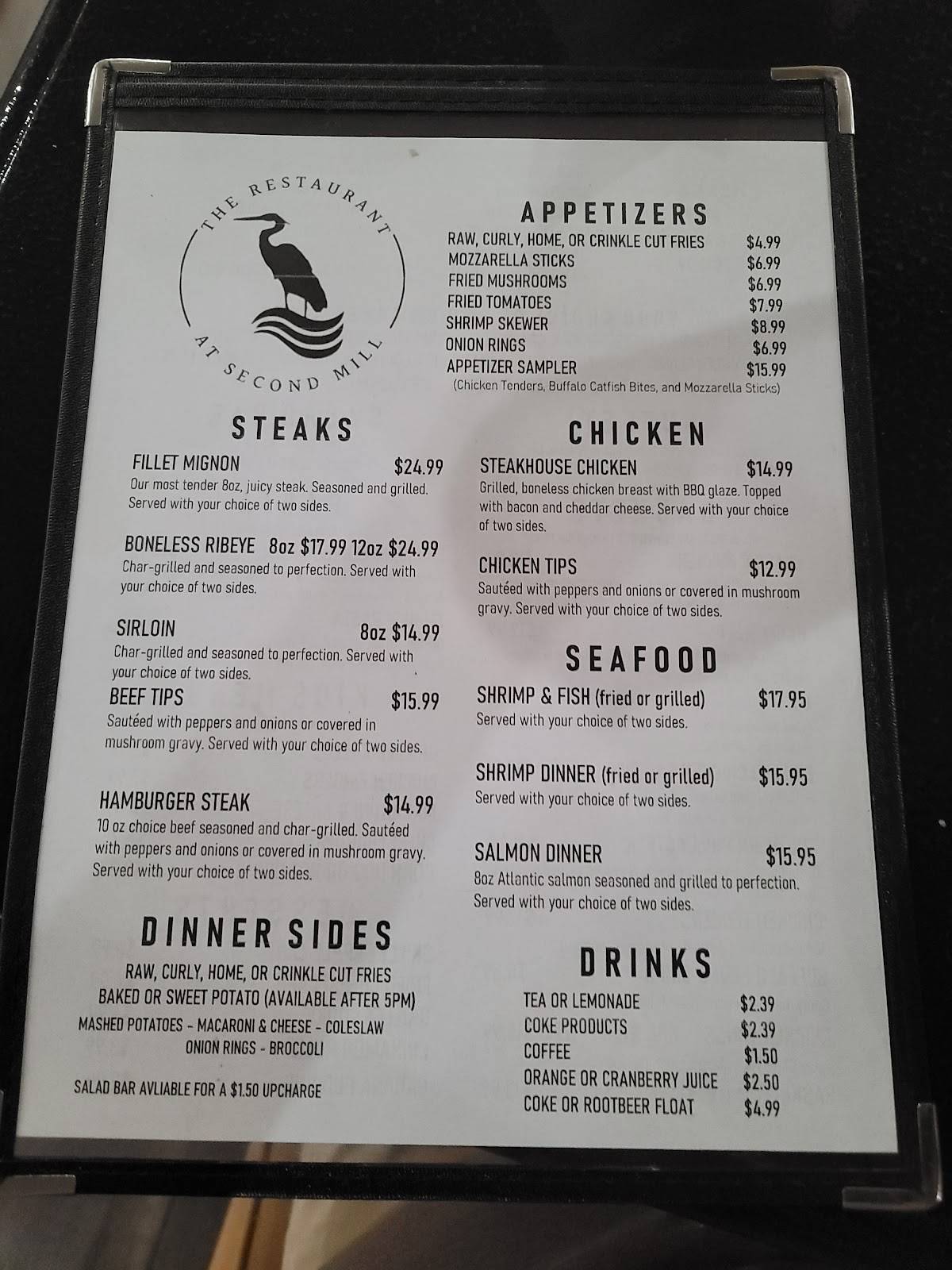 Menu at The Restaurant at Second Mill Bar and Lounge, Sumter