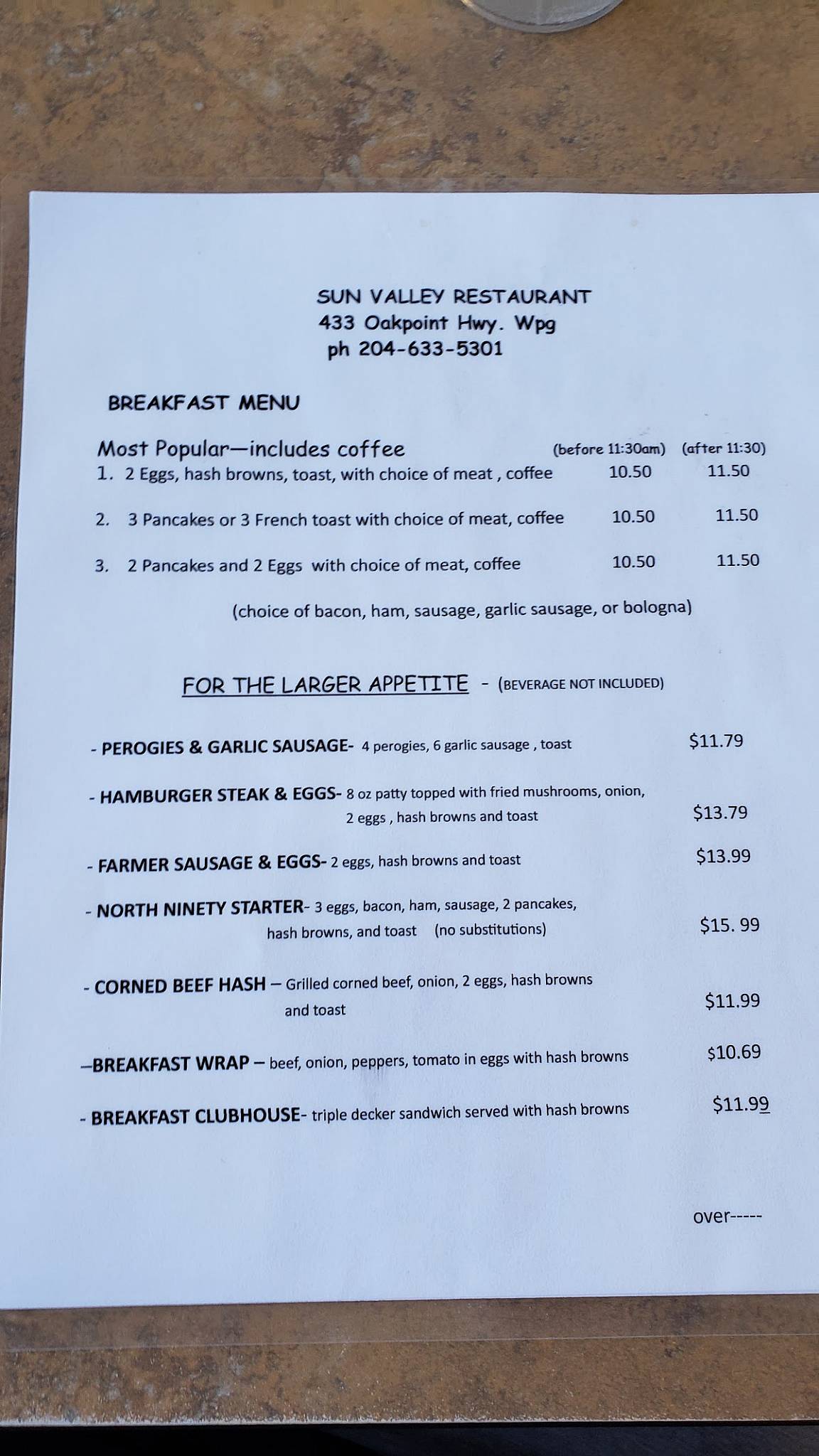 Menu at Sun Valley Restaurant, Winnipeg