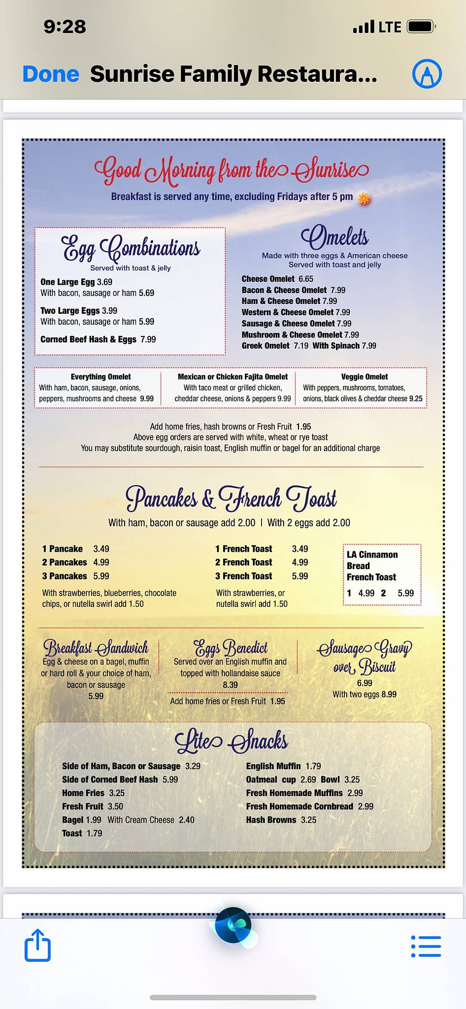 Menu at Sunrise Restaurant, Dansville