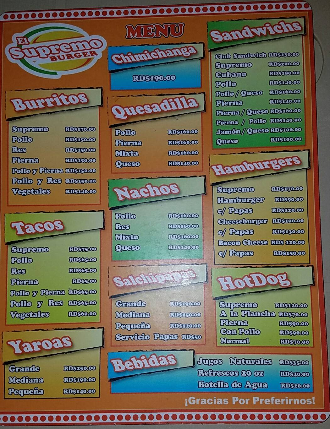 Carta del restaurante Supremo Sandwich, Santiago De Los Caballeros