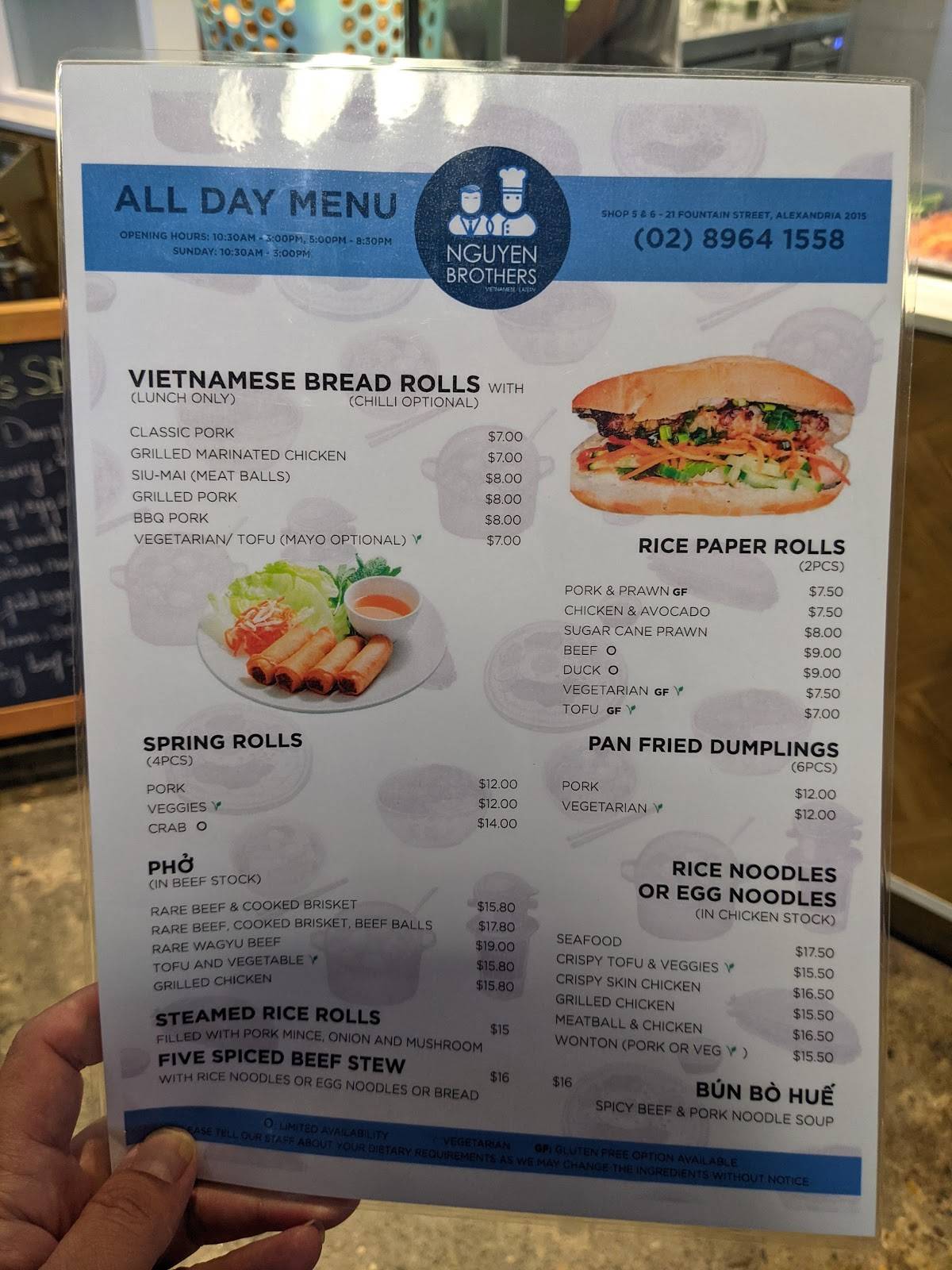 Menu at Nguyen Brothers restaurant, Alexandria