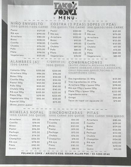 Carta del restaurante TAKOS TAKOS, Ciudad del México, Edgar Allan Poe 14A