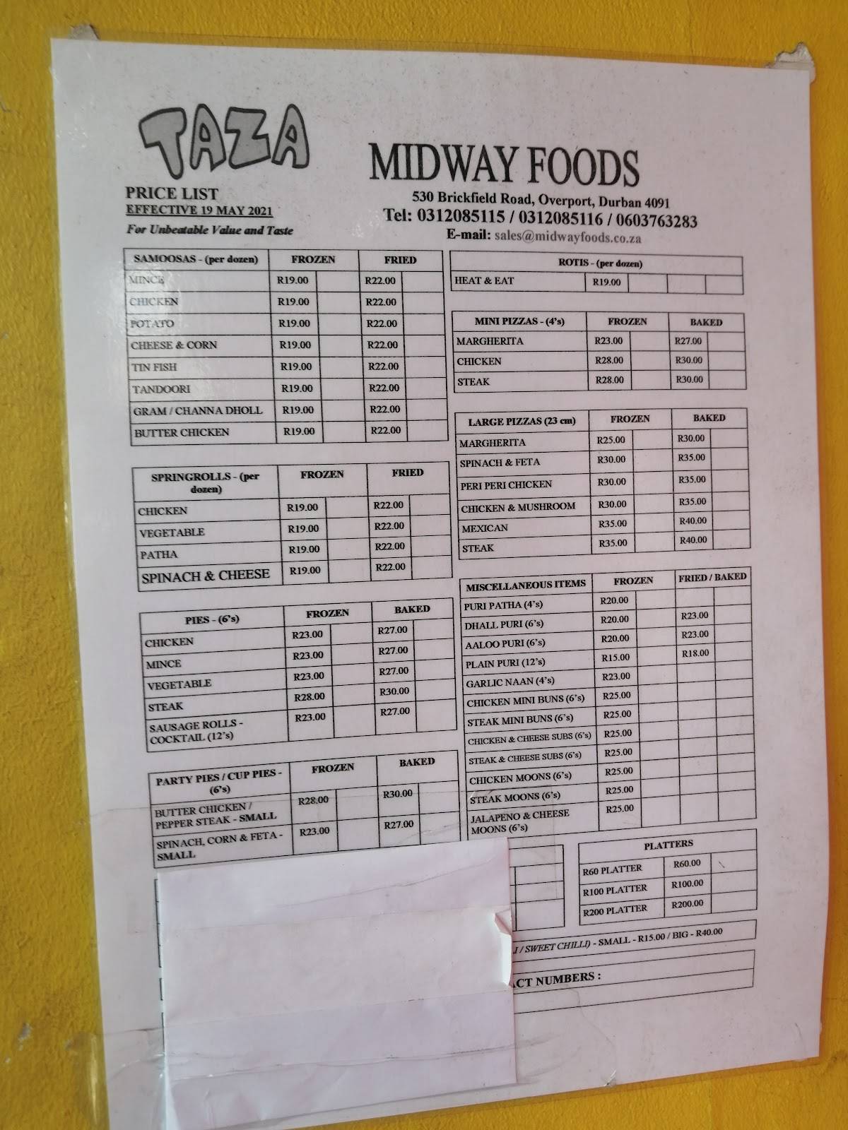Menu at TAZA MIDWAY FOODS restaurant, Durban