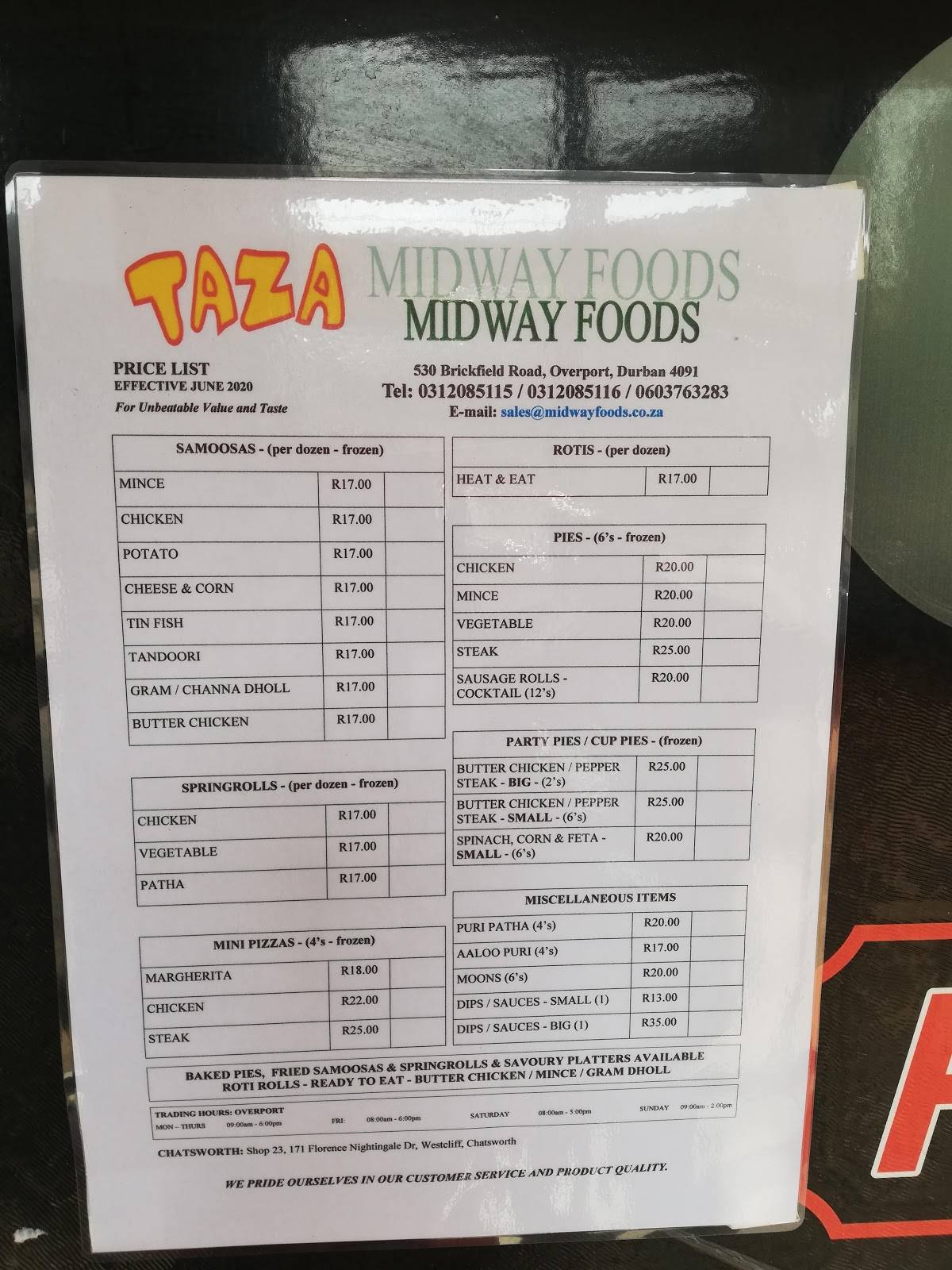 Menu at TAZA MIDWAY FOODS restaurant, Durban