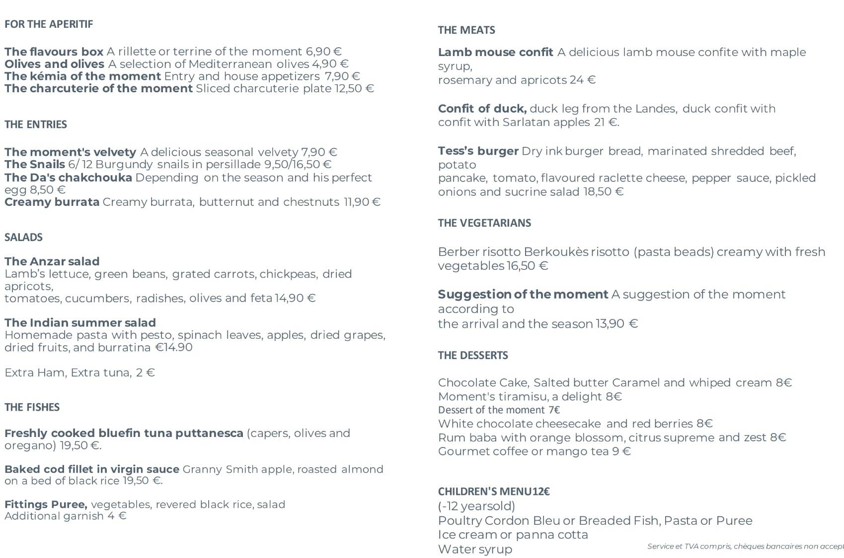 Menu at TESS restaurant, Paris