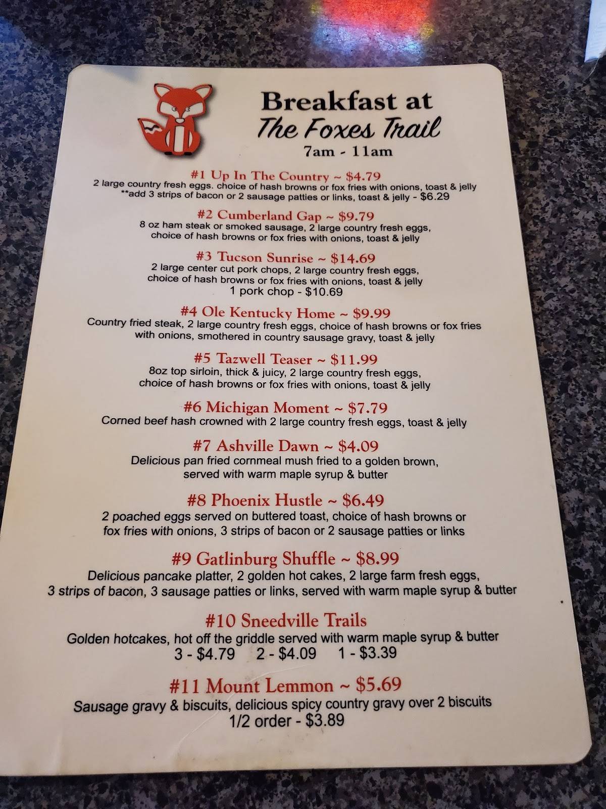 Menu at THE FOXES TRAILS pub & bar, Kokomo