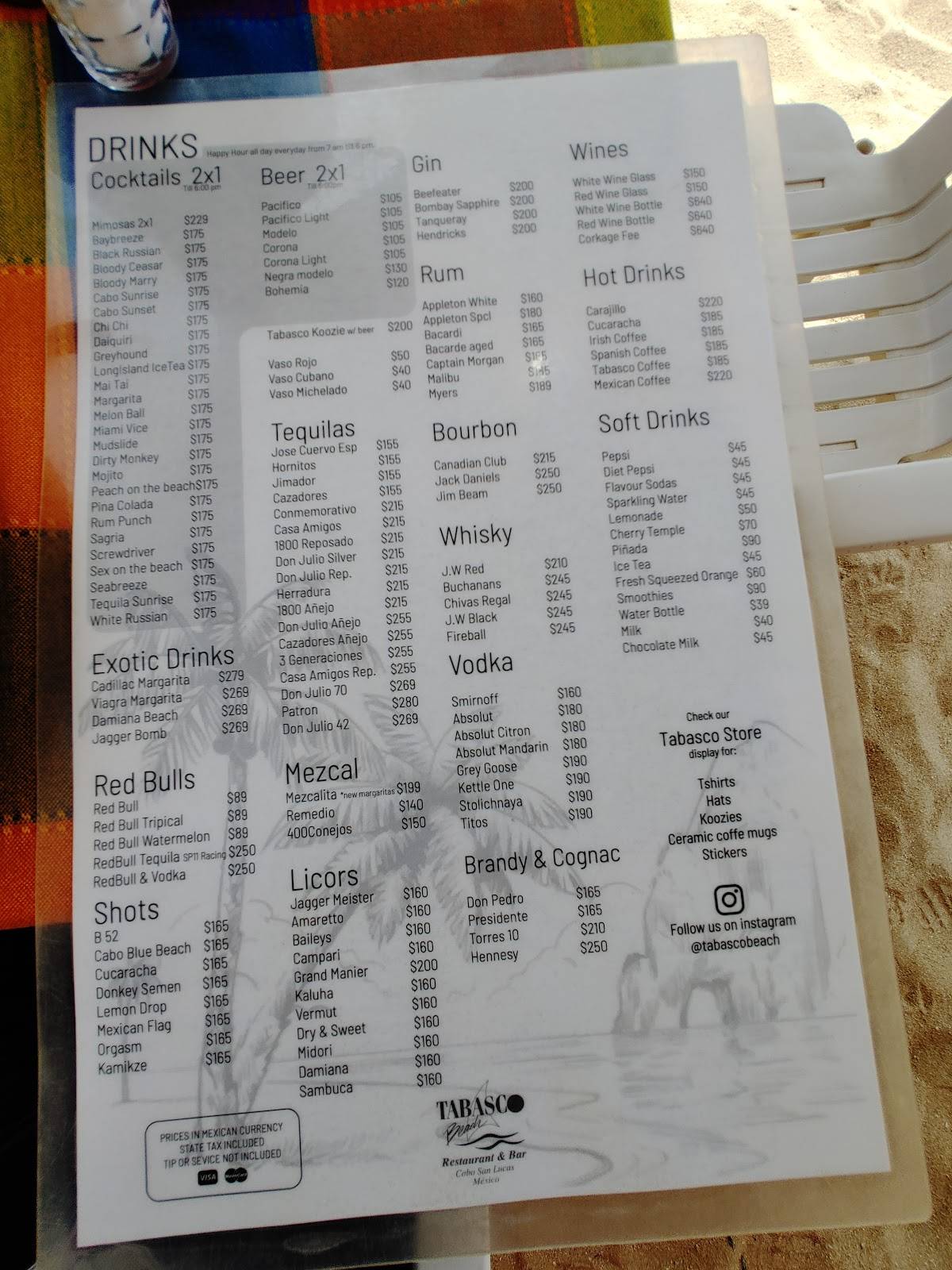 Menu at Tabasco Beach pub & bar, Cabo San Lucas