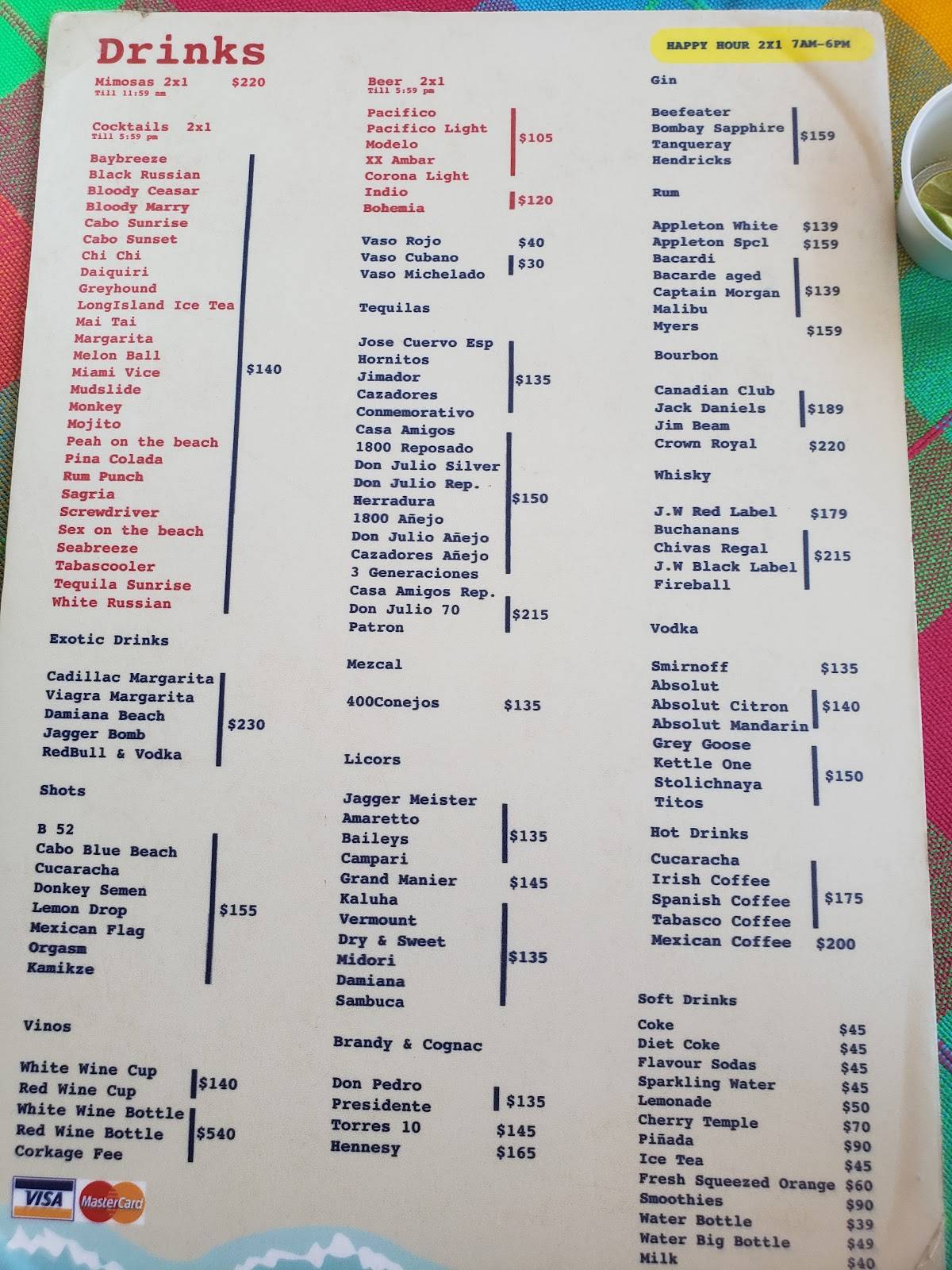 Menu at Tabasco Beach pub & bar, Cabo San Lucas