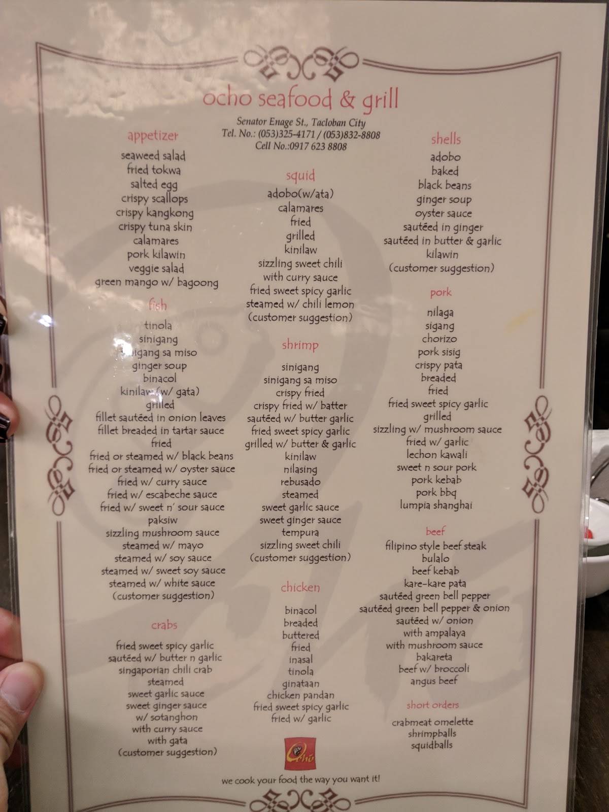 Menu at Ochó Seafood and Grill restaurant, Tacloban City