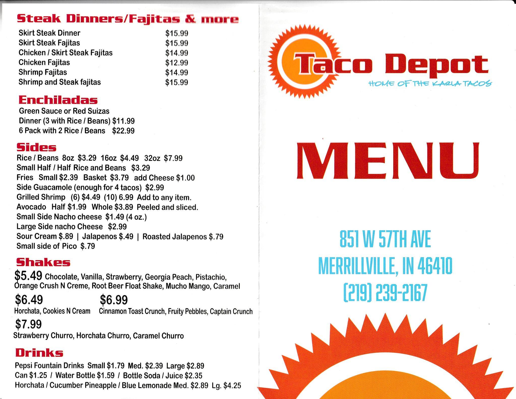 Menu at Taco Depot steakhouse, Merrillville, 851 W 57th Ave