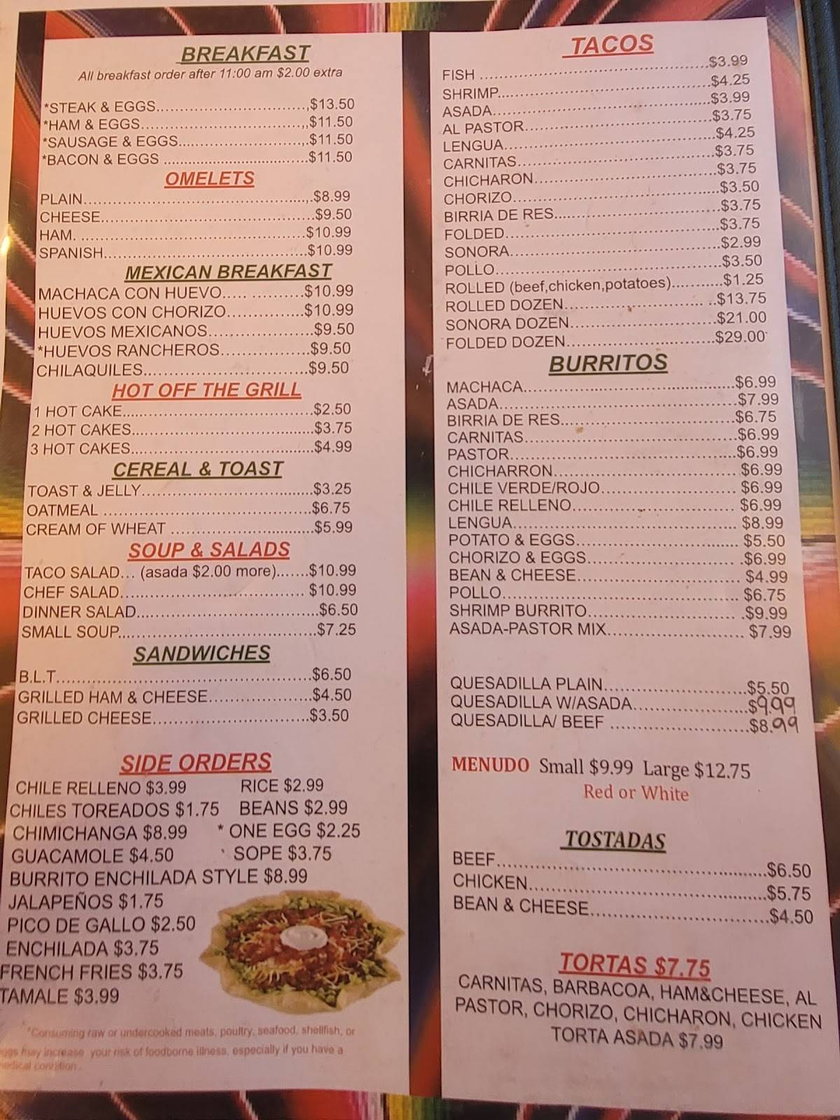 Menu at Tacos Mi Ranchito restaurant, Yuma, 188 S 4th Ave