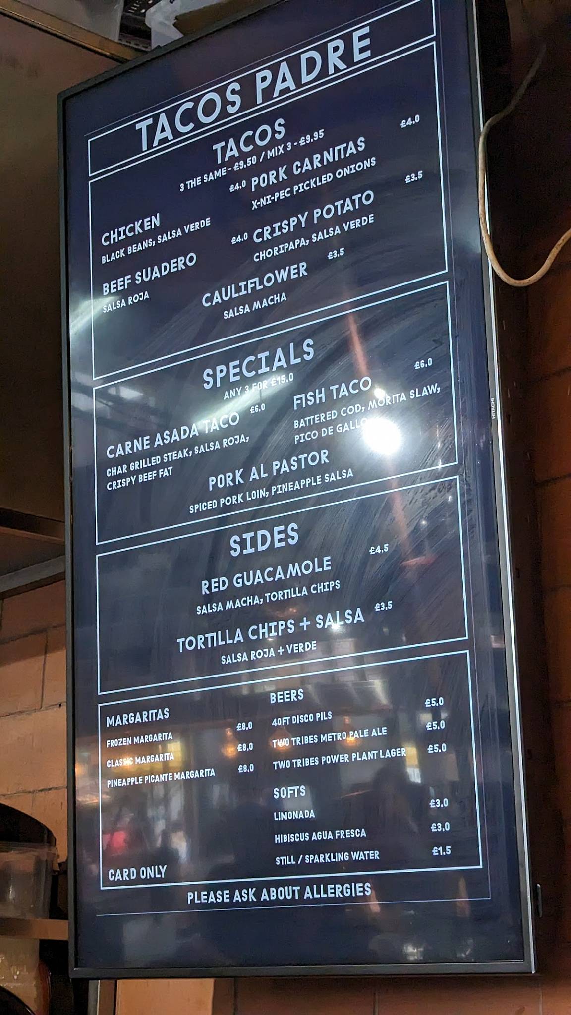 Menu at Tacos Padre restaurant, London