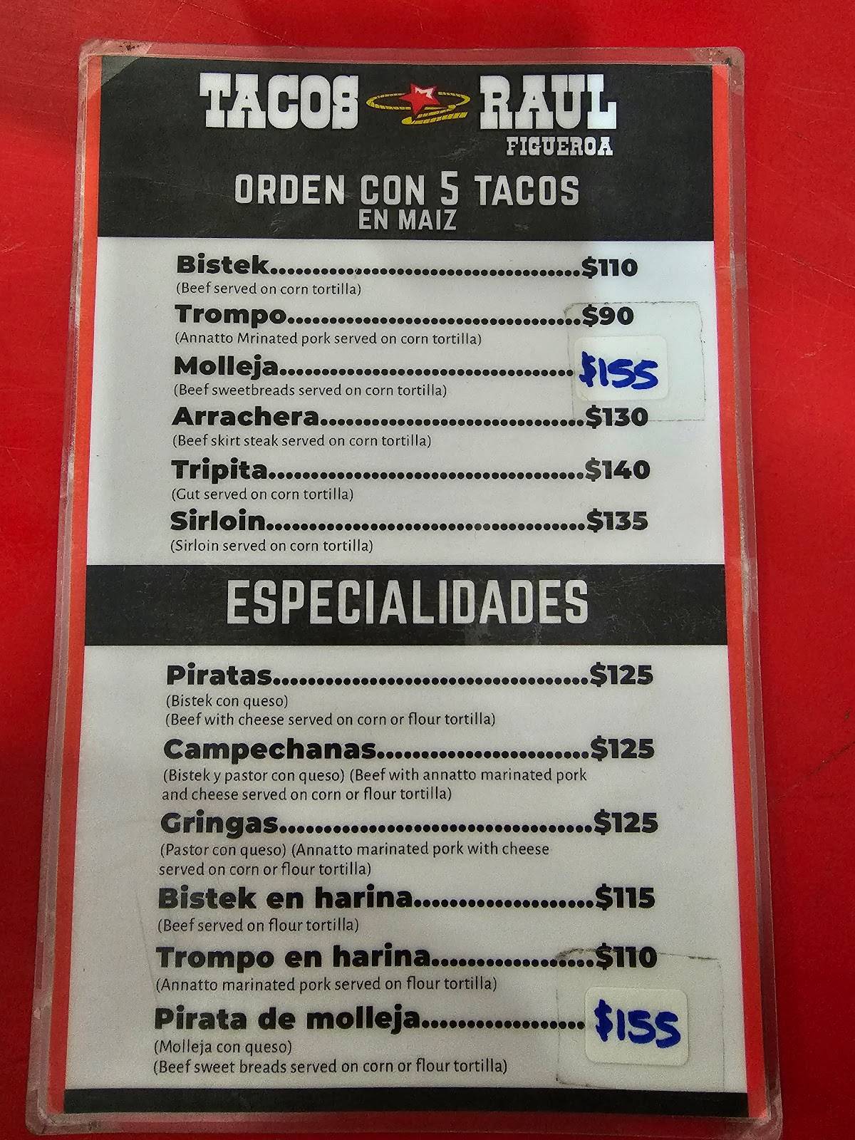 Carta del restaurante Tacos Raúl, Saltillo, Blvd. Pedro Figueroa No. 1145
