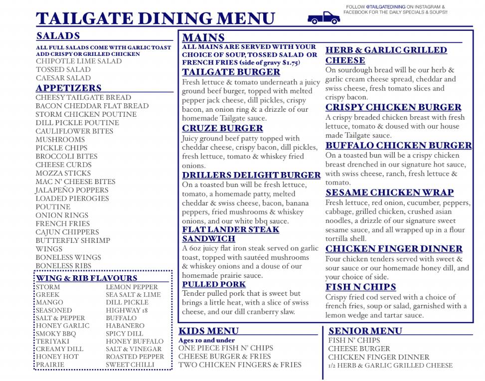Menu at Tailgate Dining restaurant, Carievale
