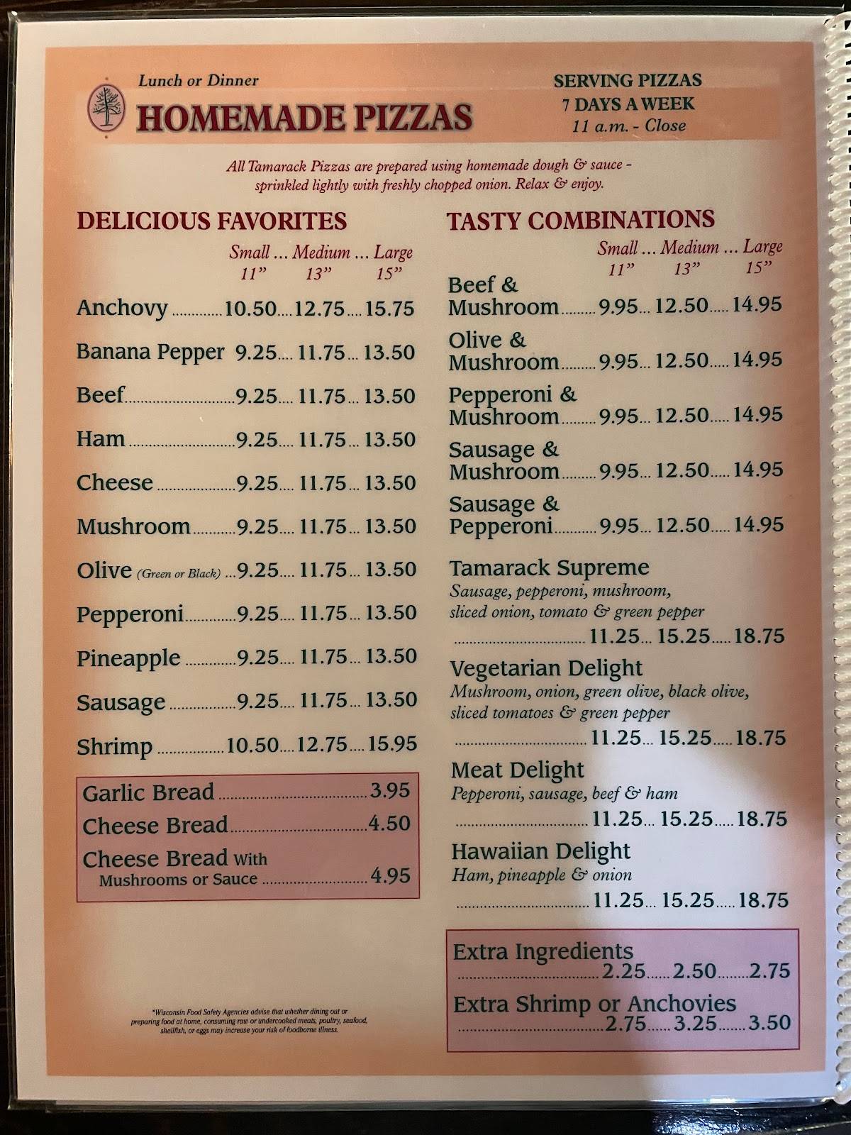 Menu at Tamarack Pizza pizzeria, Portage