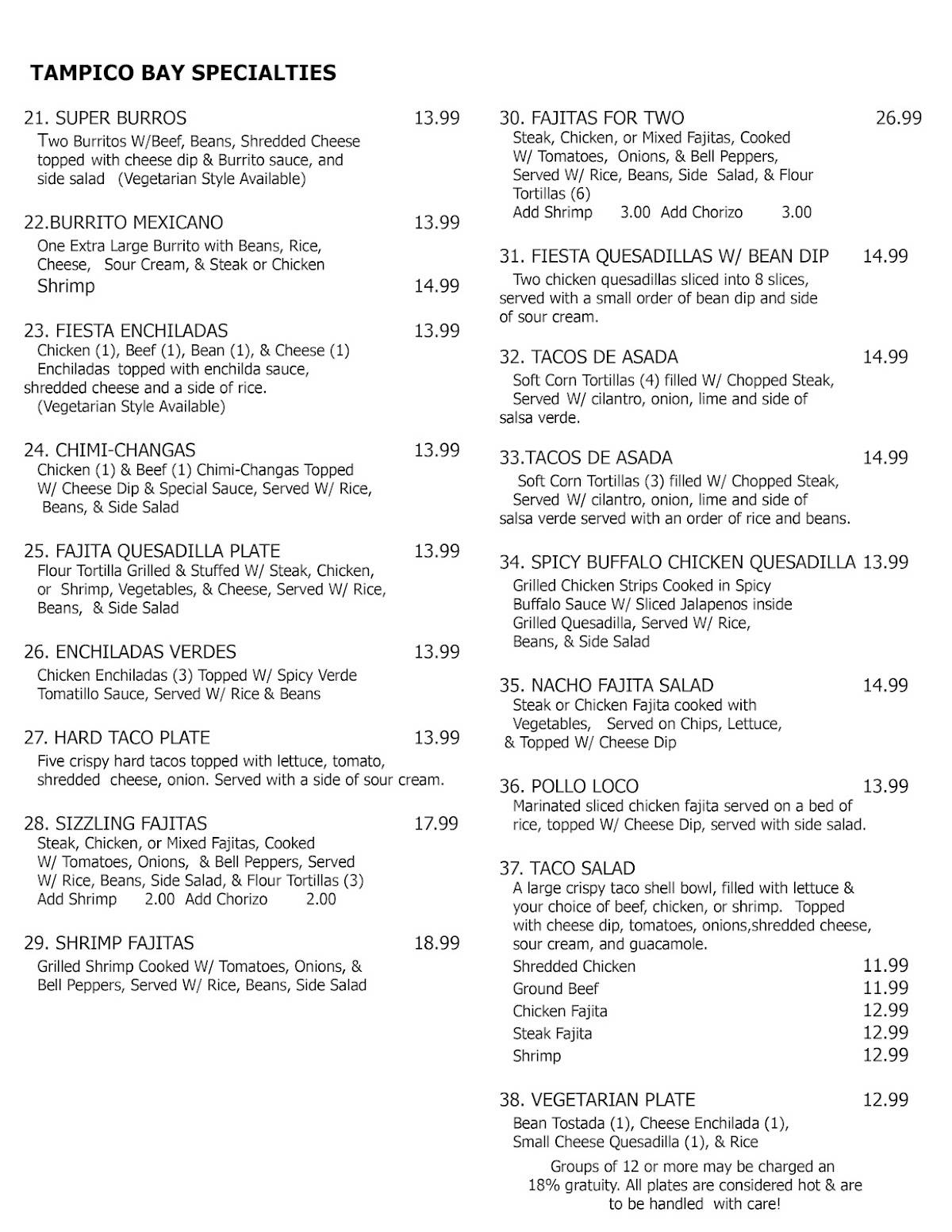 Menu at Tampico Bay Mexican Restaurant, Columbus