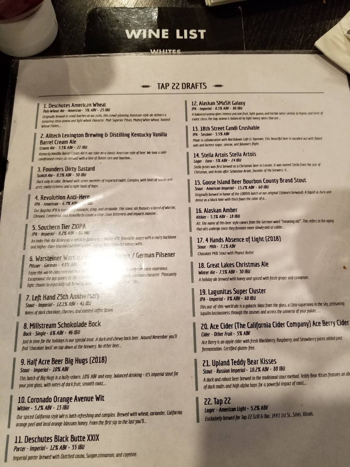 Menu at Tap 22 Grill & Bar, Silvis
