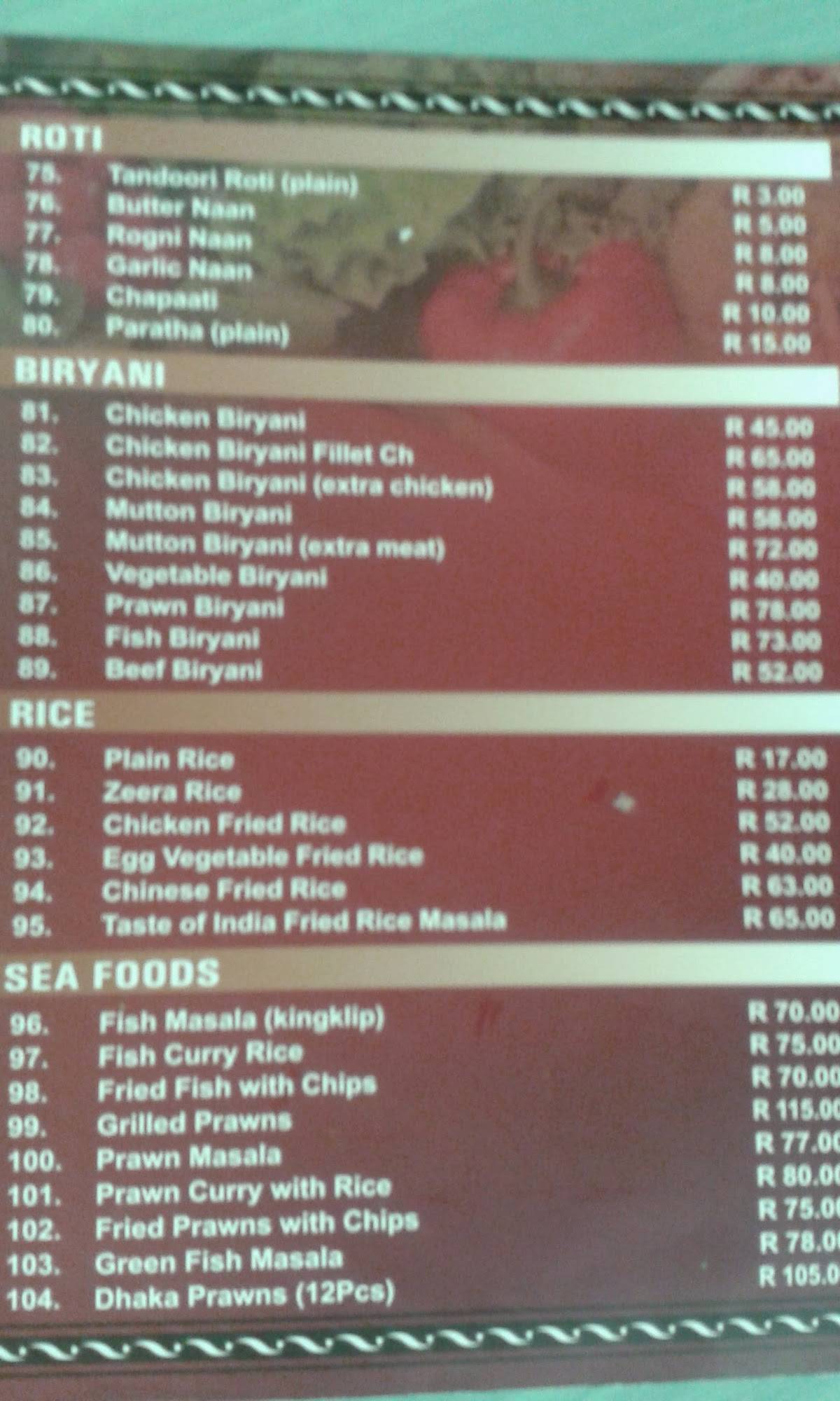 Menu at Taste of India restaurant, Lenasia