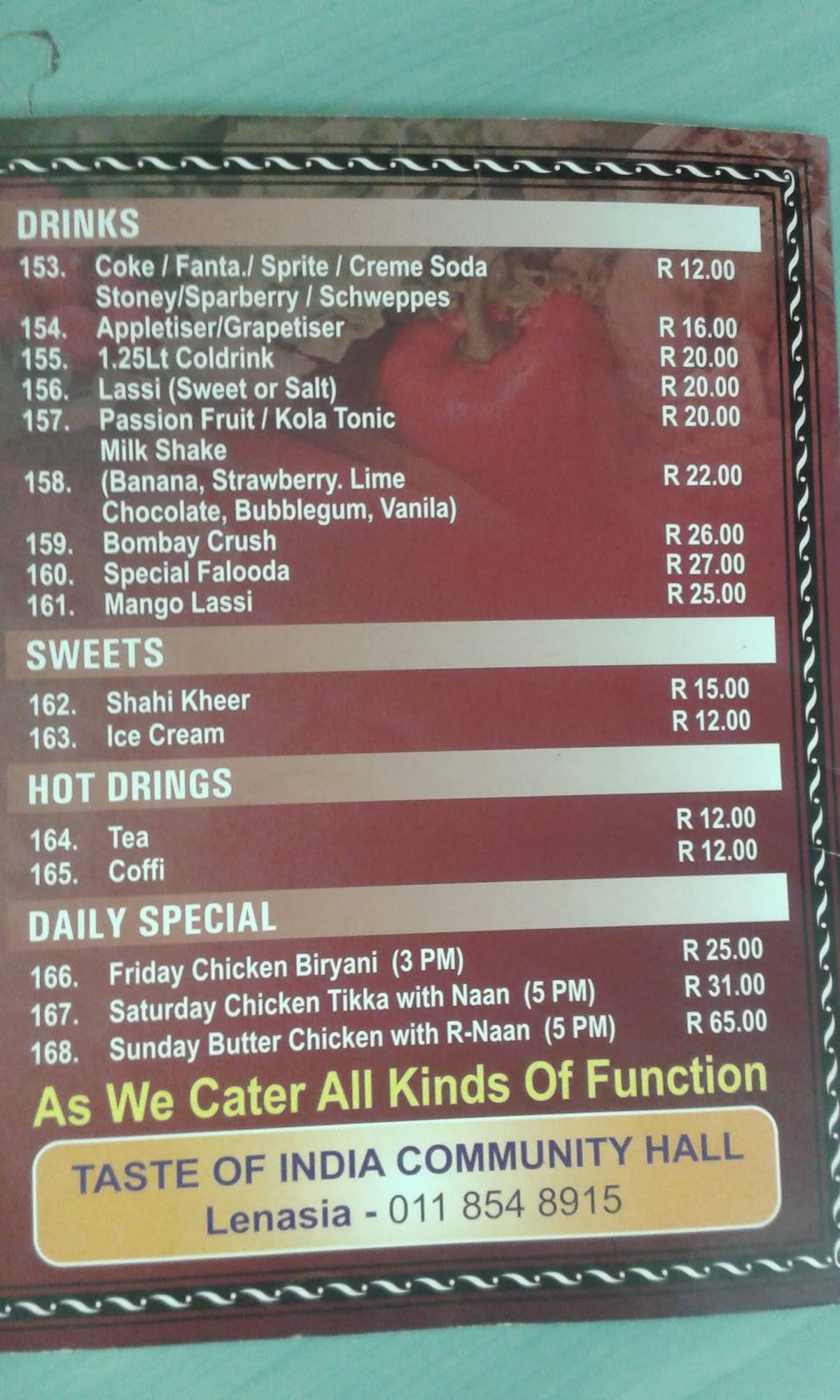 Menu at Taste of India restaurant, Lenasia
