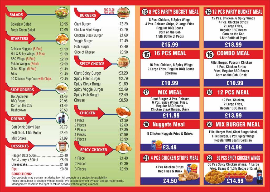 Menu at Tastyland restaurant, Bewdley