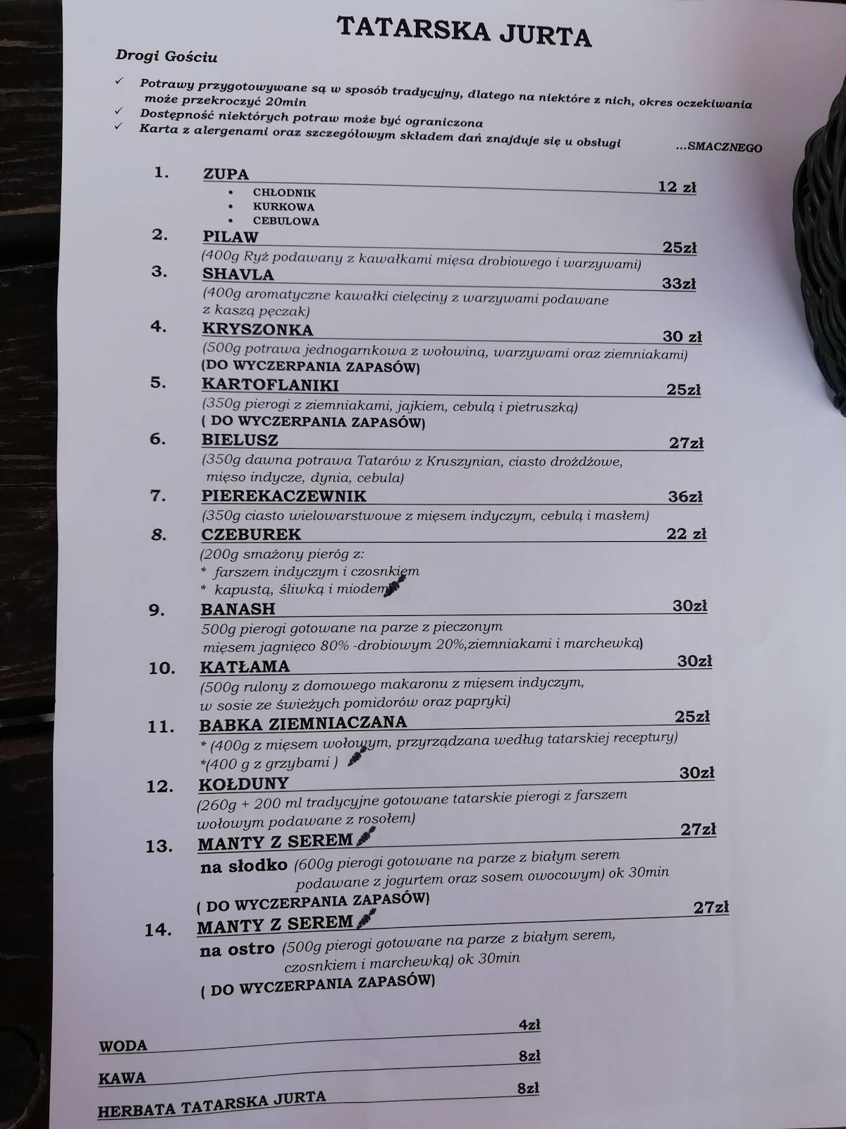 Menu at Tatarska Jurta - Dżenneta Bogdanowicz restaurant, Kruszyniany