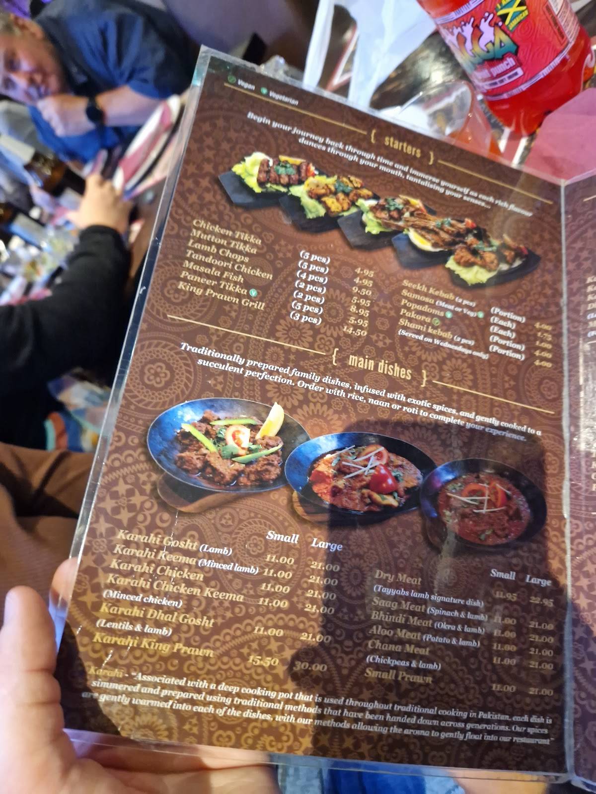 Menu at Tayyabs restaurant, London, 83-89 Fieldgate St