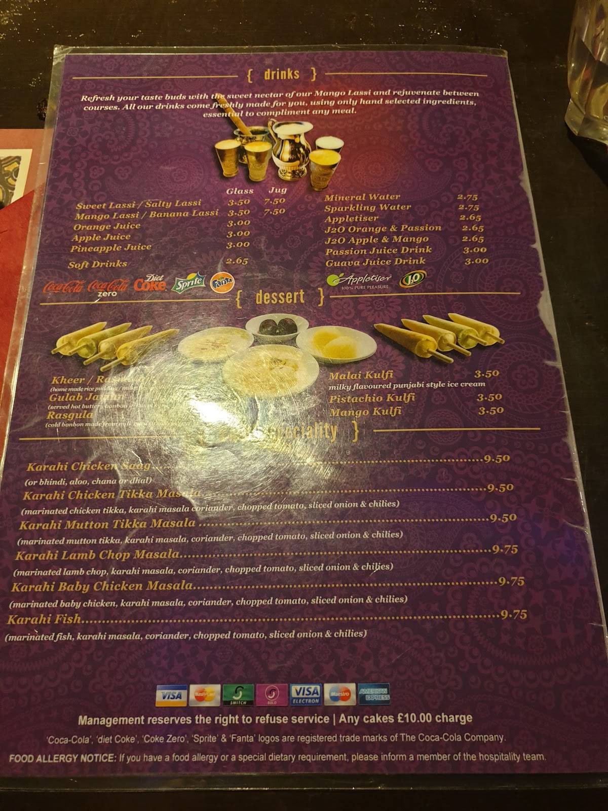 Menu at Tayyabs restaurant, London, 83-89 Fieldgate St