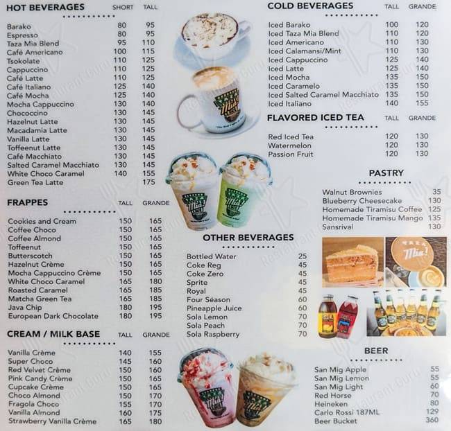 Menu at Taza Mia Coffee Shop - Tagaytay restaurant, Tagaytay