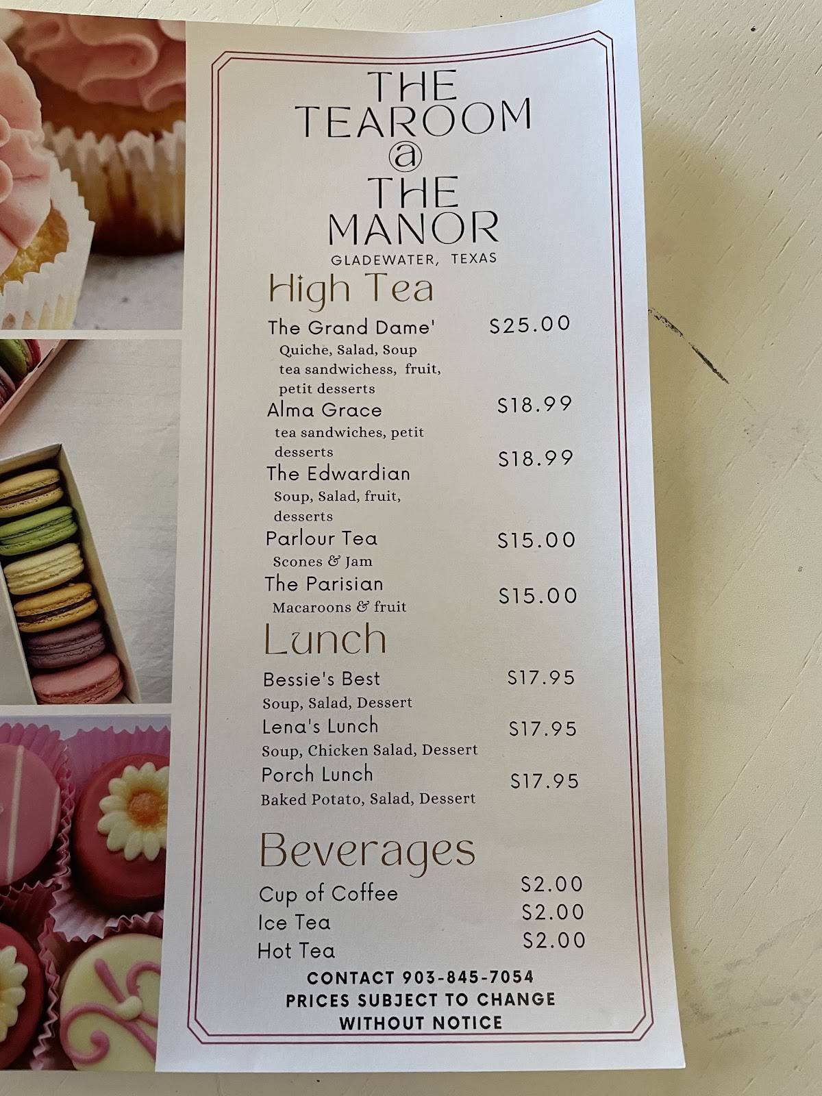 Menu at Tea Room @ the Manor, Gladewater
