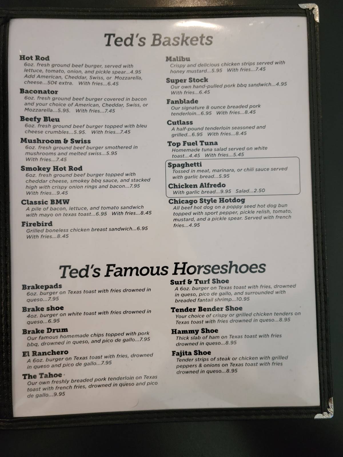 Menu at Ted's Garage restaurant, Clinton