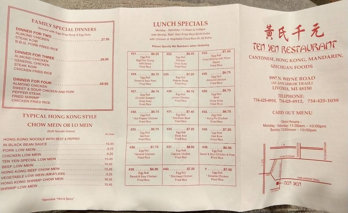 Menu at Ten Yen Restaurant, Livonia