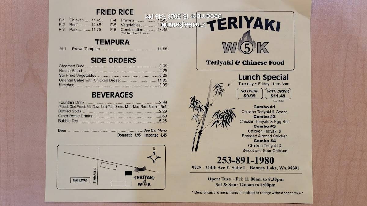 Menu at Teriyaki Wok & Sushi restaurant, Bonney Lake, 214th Ave E