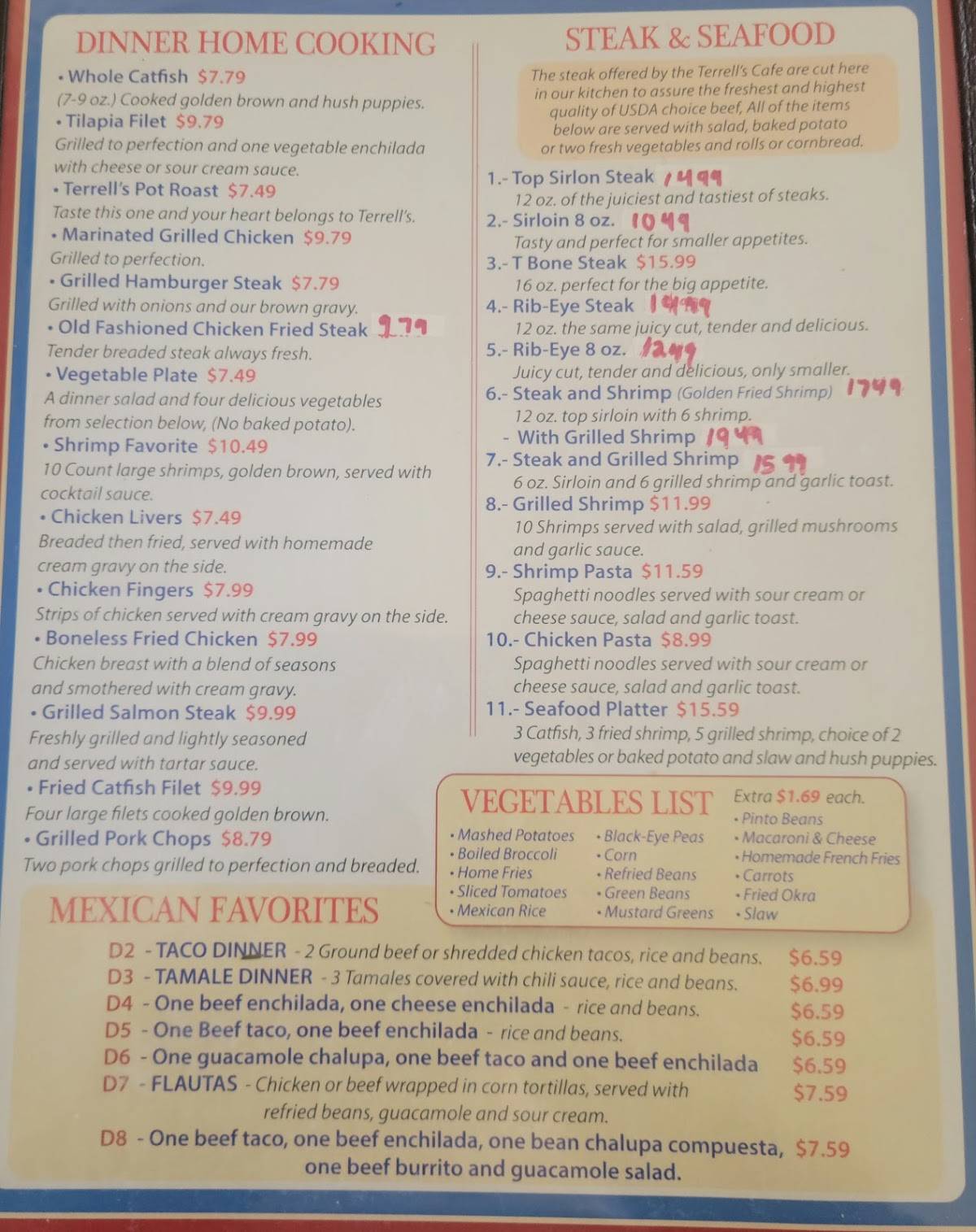 Menu at Terrell Cafe, Terrell, 801 E Moore Ave