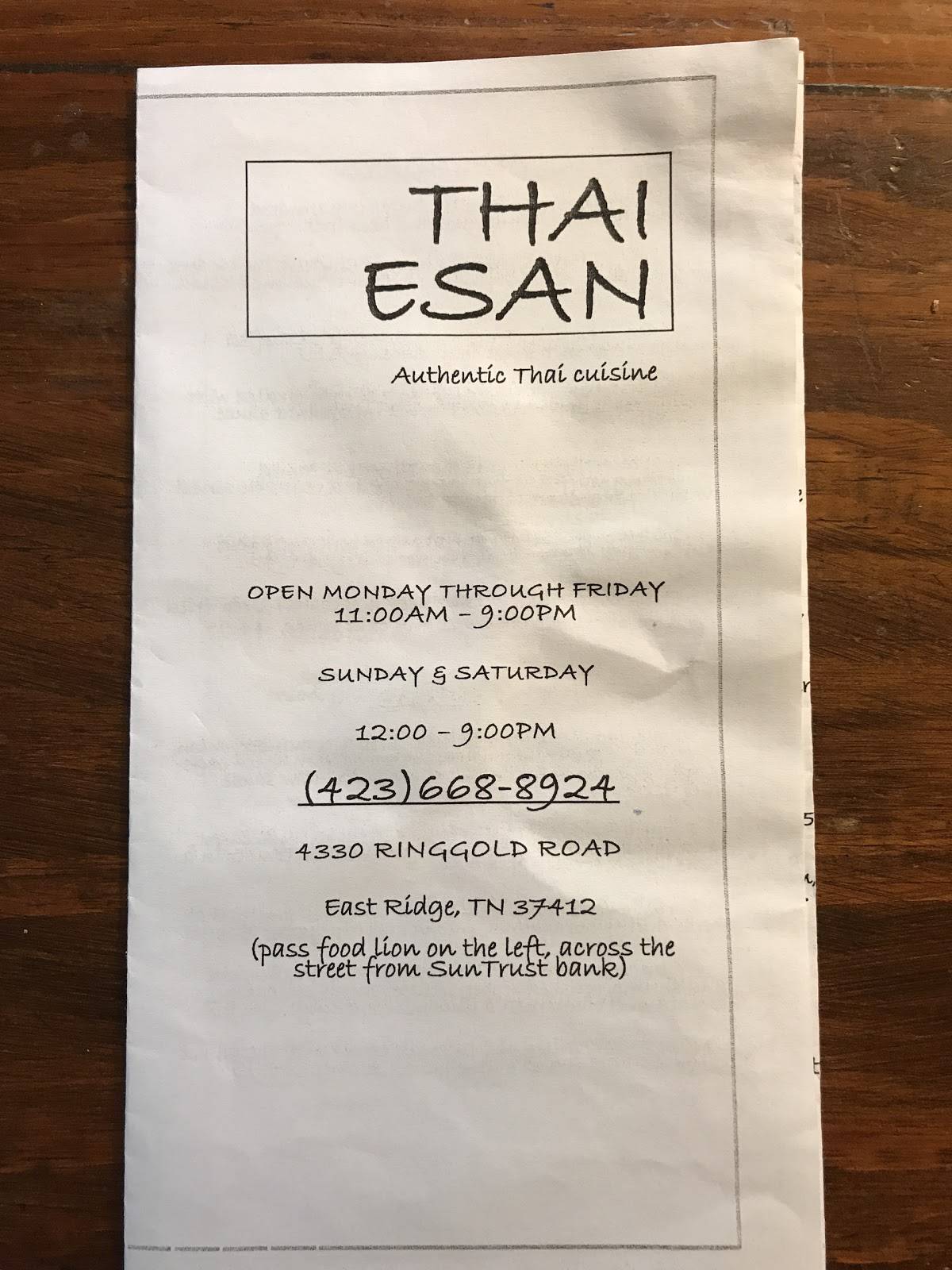 Menu at Thai Esan restaurant, Chattanooga, Ringgold Rd