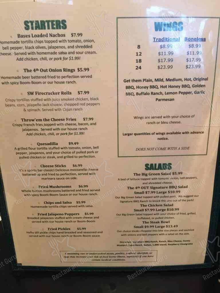 Menu at The 4th Out restaurant, Blakely