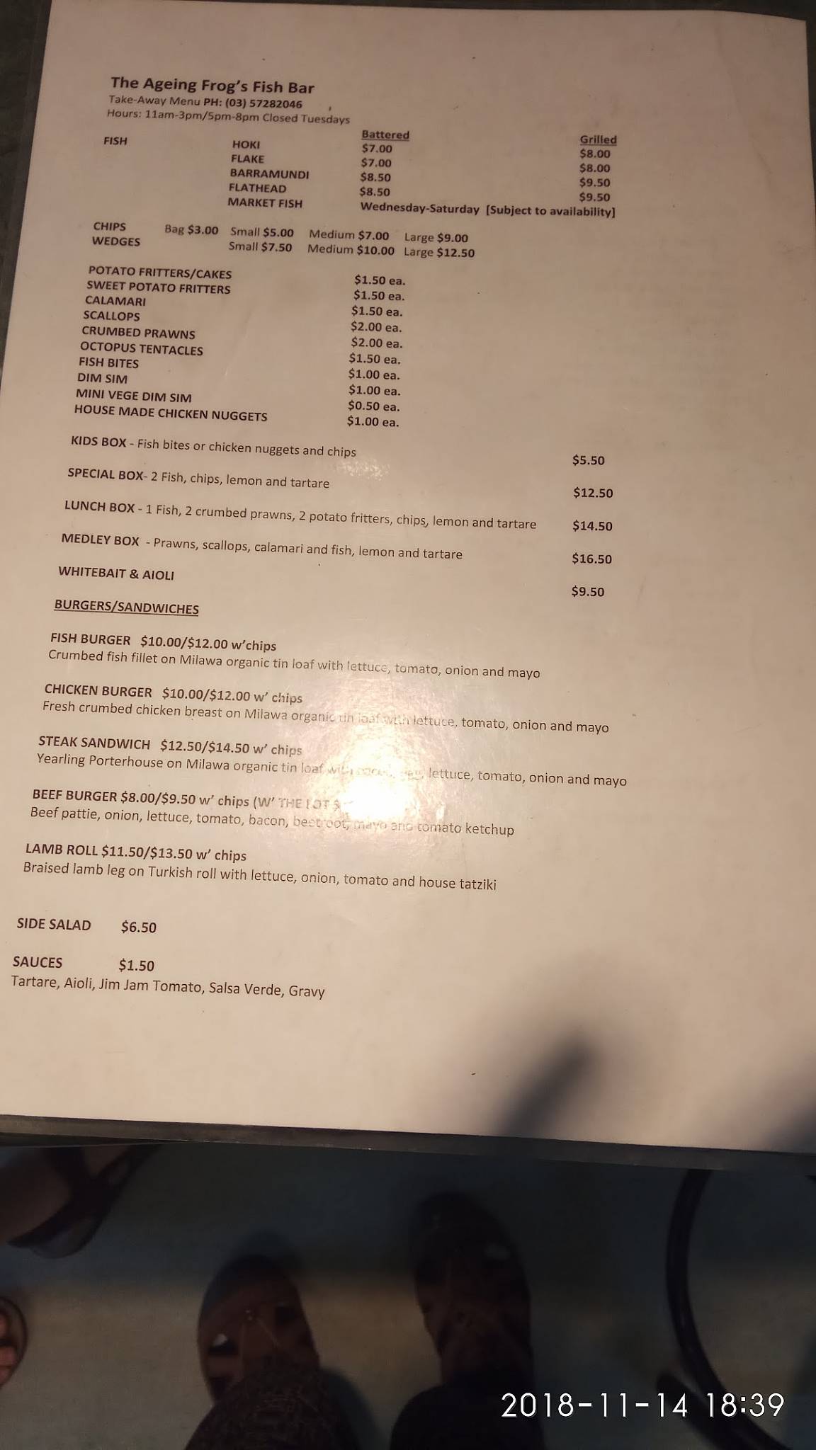Menu at The Ageing Frog Fish Bar, Beechworth