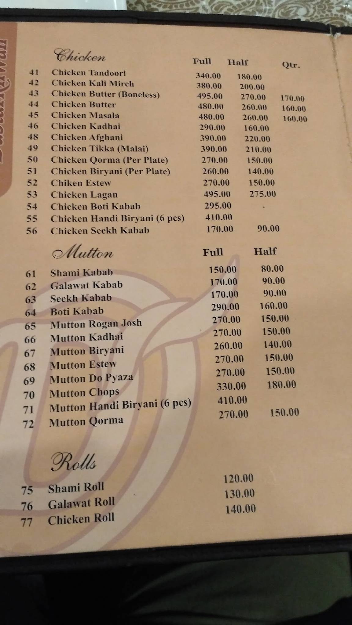 Menu at The Awadh's Dastarkhwan, Lucknow