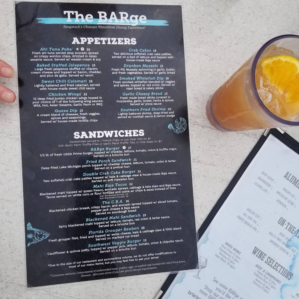Menu at The BARge, Saugatuck