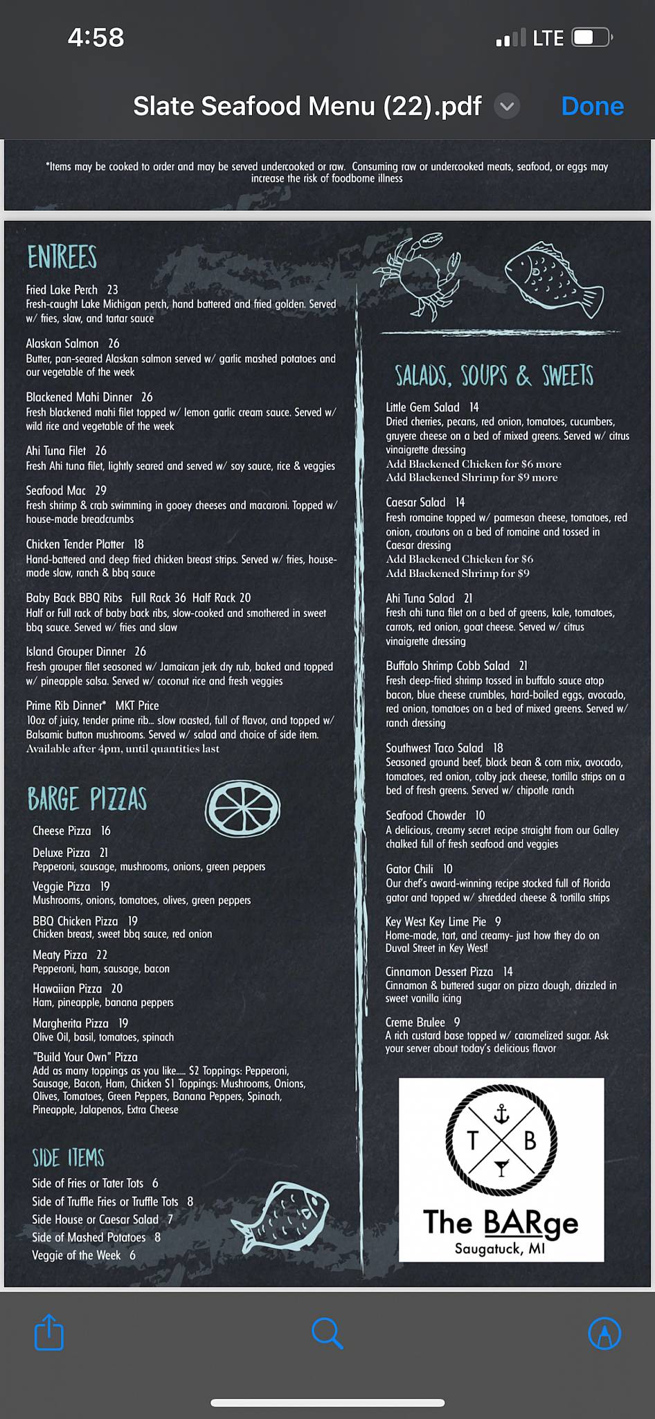 Menu at The BARge, Saugatuck