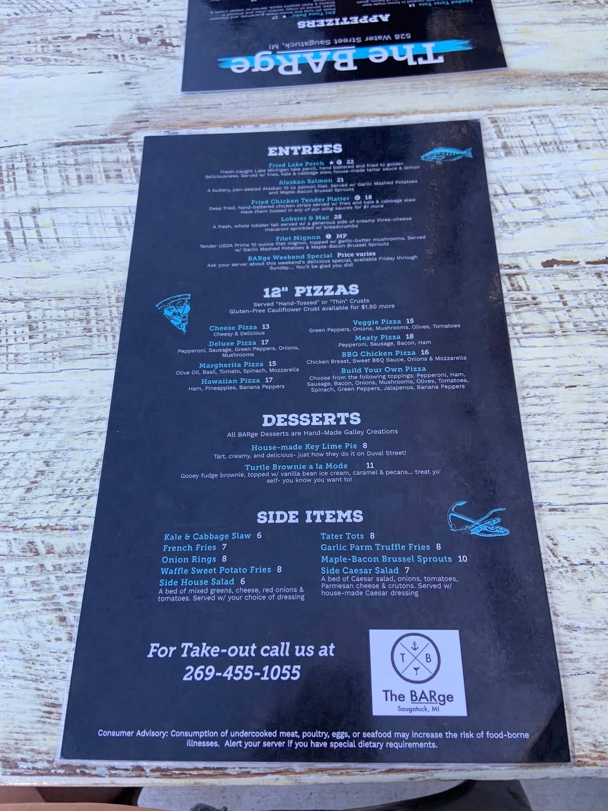 Menu at The BARge, Saugatuck