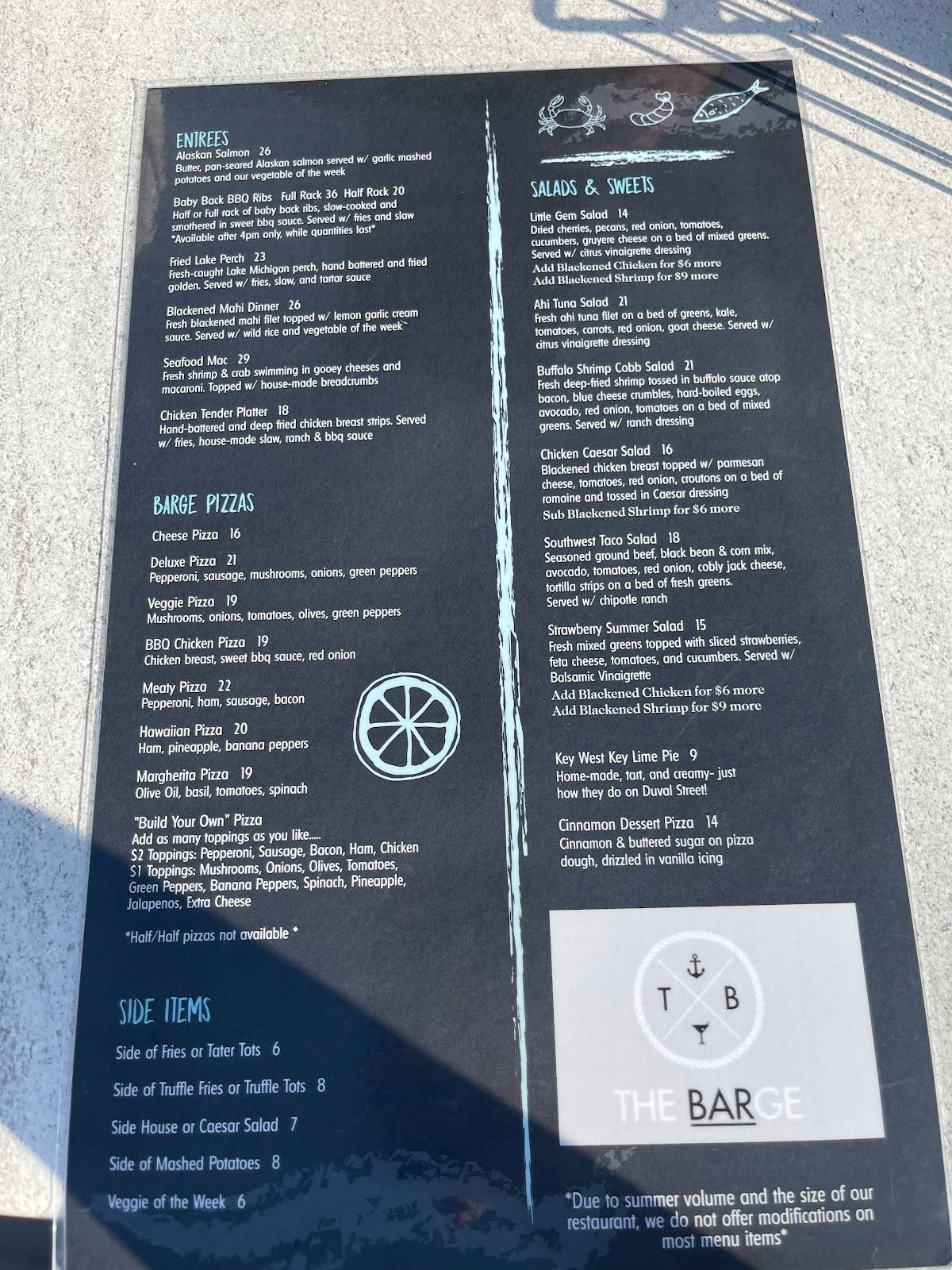 Menu at The BARge, Saugatuck
