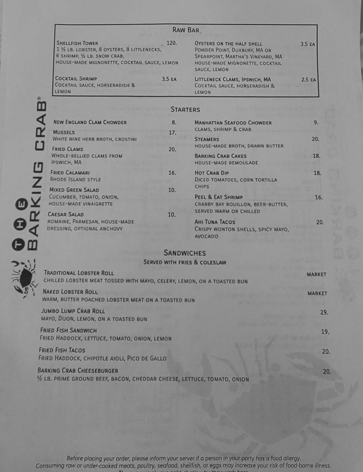 Menu at The Barking Crab, Boston
