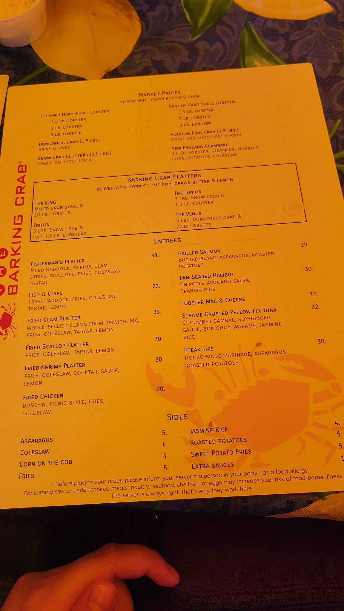 Menu at The Barking Crab, Boston