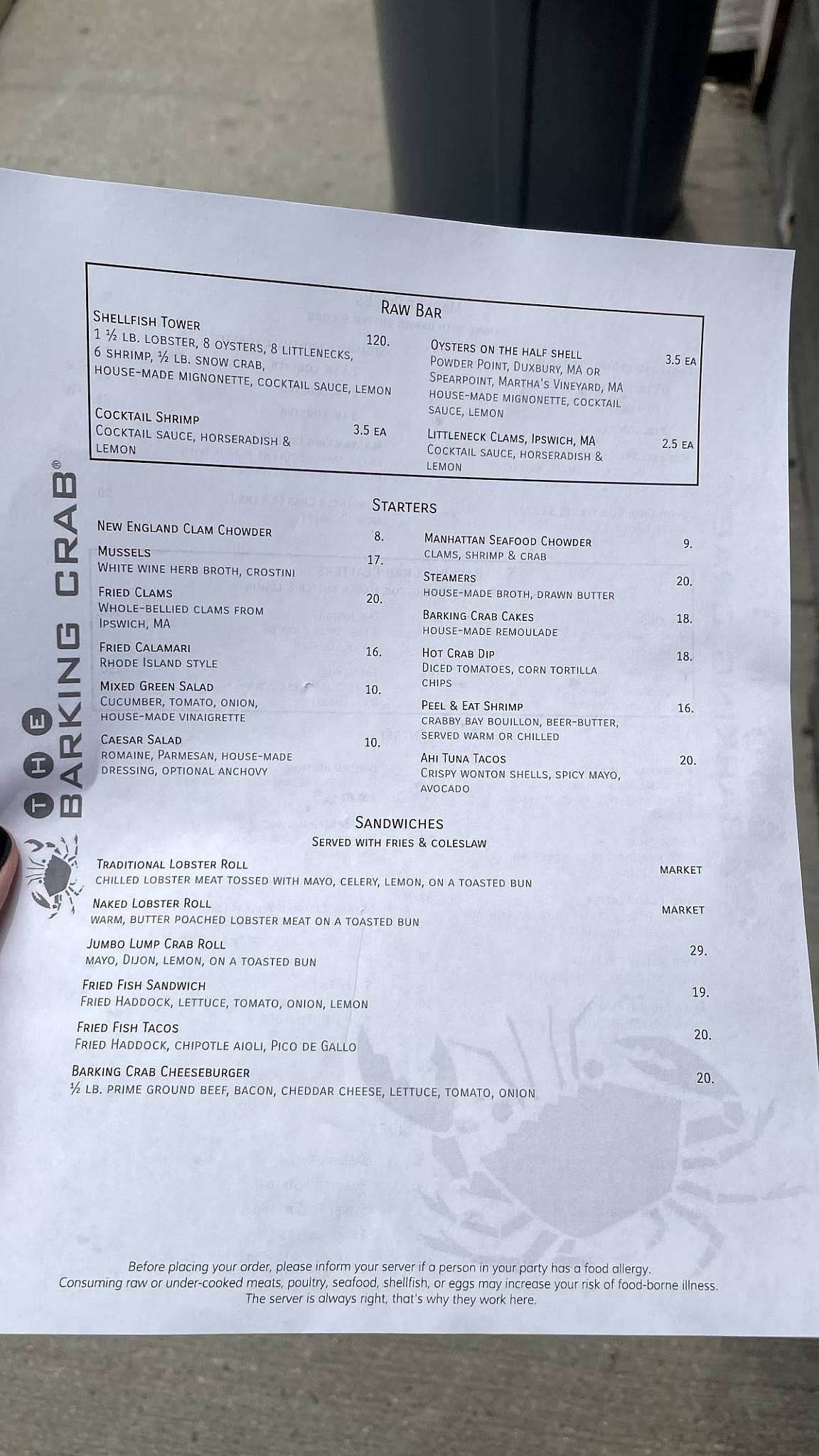 Menu at The Barking Crab, Boston