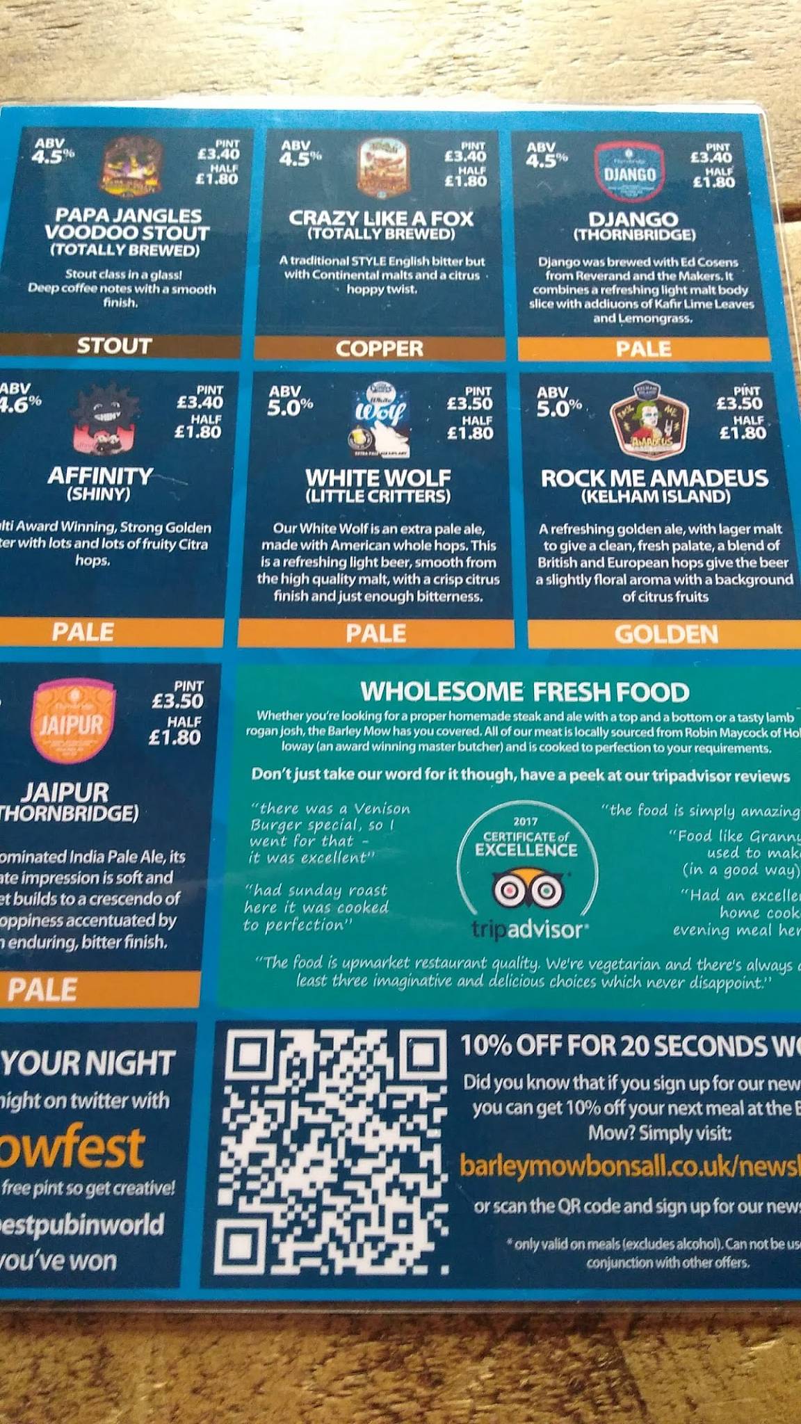 Menu at The Barley Mow, Matlock