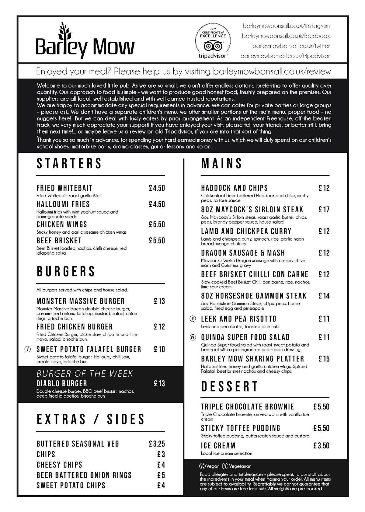 Menu at The Barley Mow, Matlock