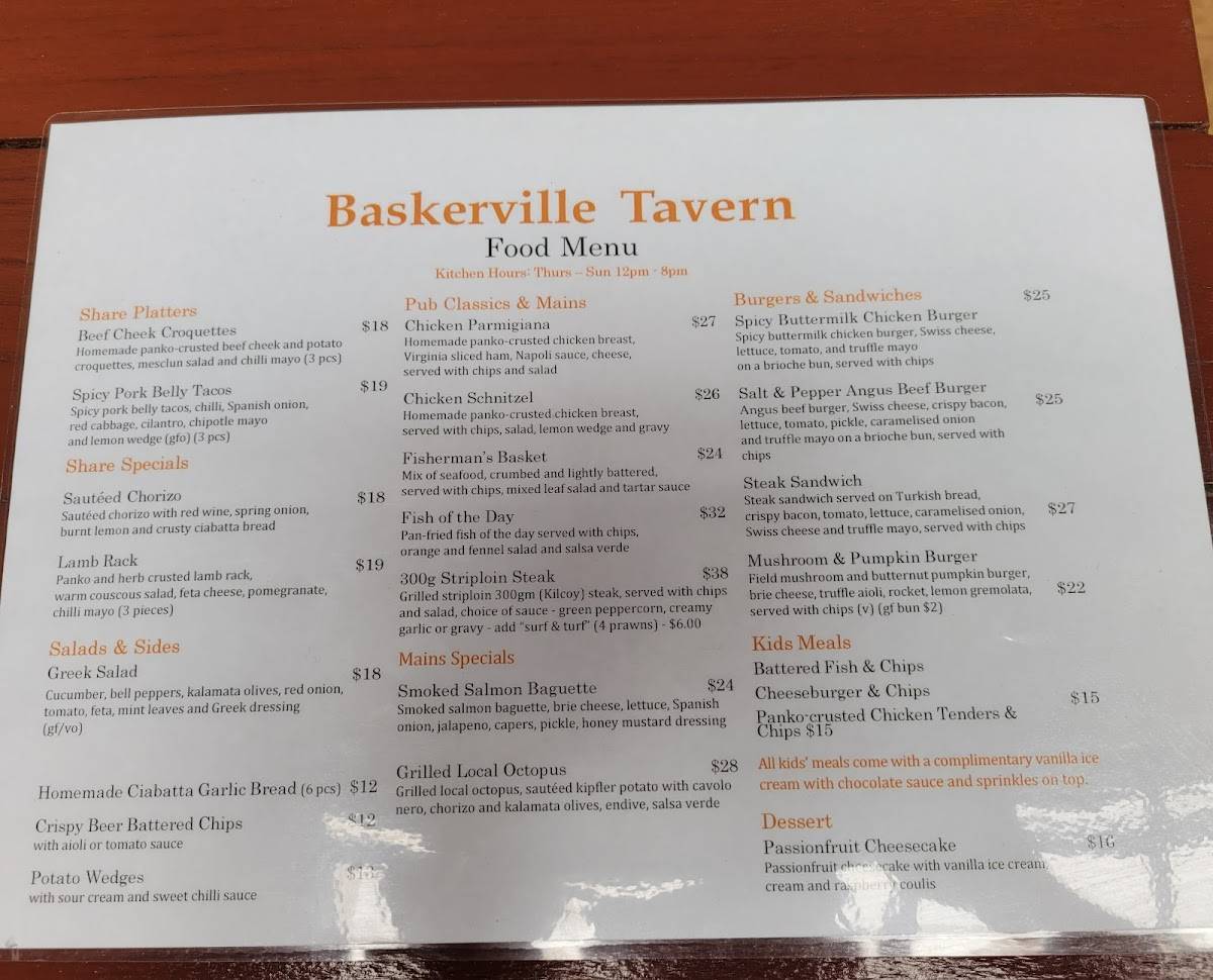 Menu at The Baskerville tavern pub & bar, Baskerville